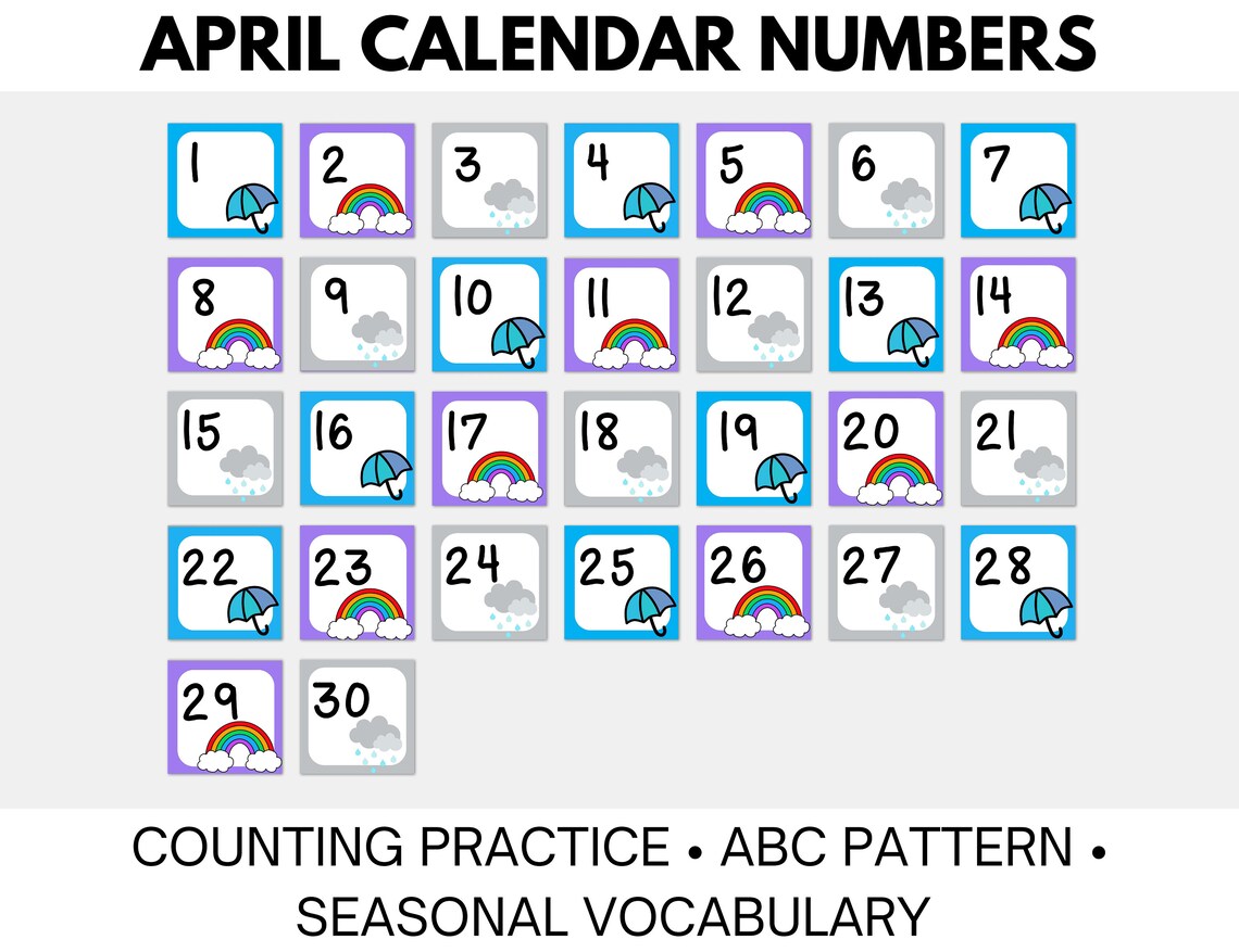 April Calendar Numbers in ABC Pattern - Etsy
