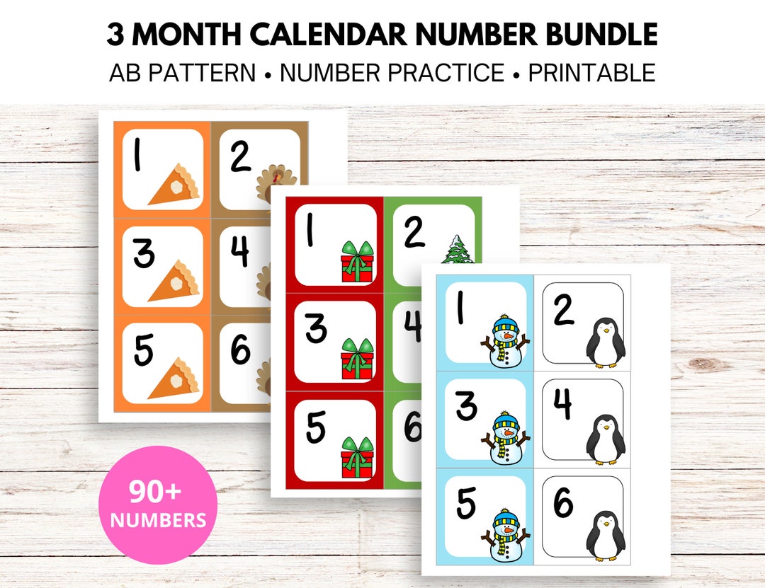 3 Month Printable Calendar Numbers BUNDLE in AB Pattern (november ...