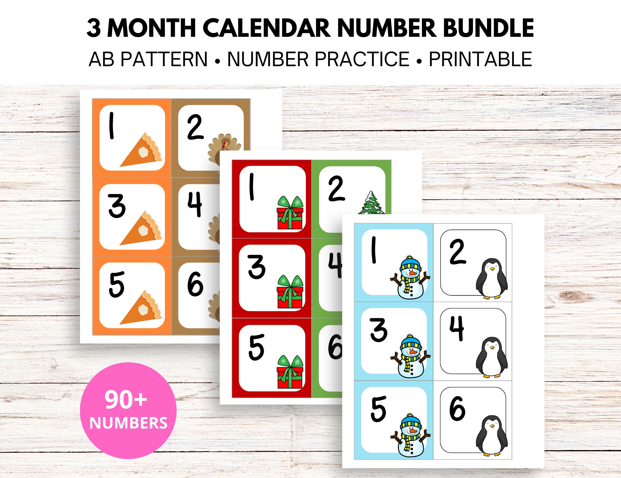 3 Month Printable Calendar Numbers BUNDLE in AB Pattern (november ...
