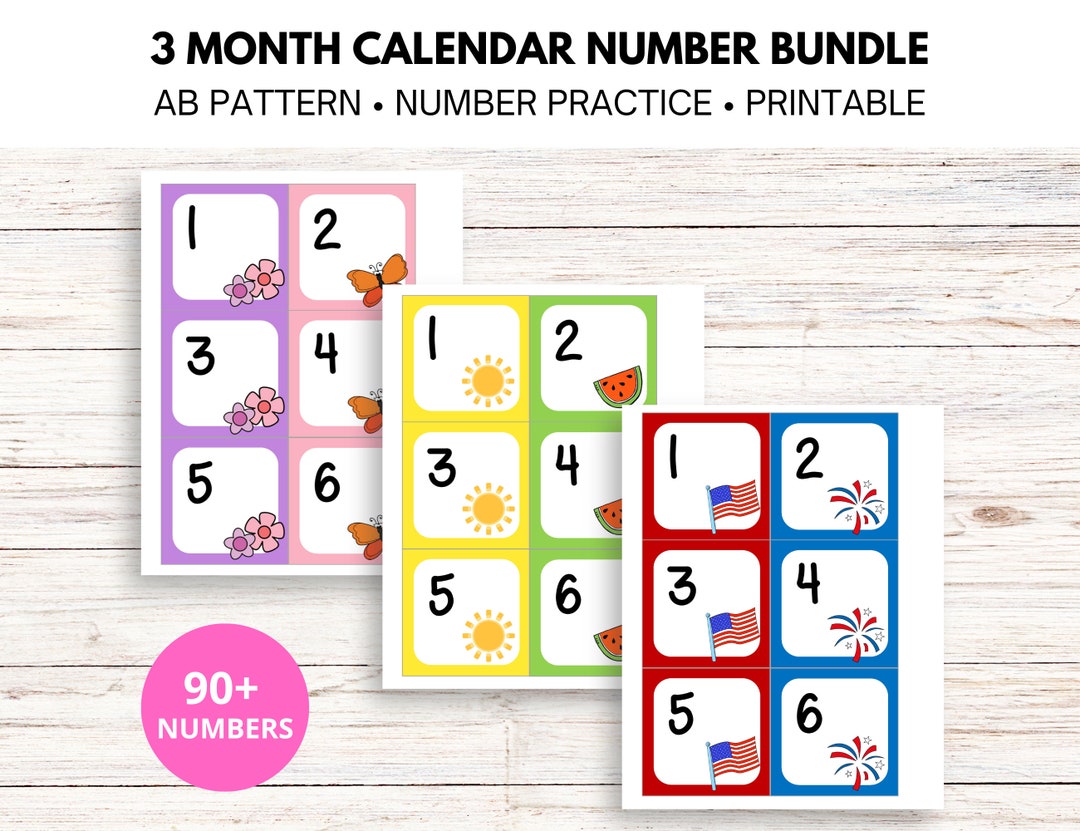 3 Month Printable Calendar Numbers BUNDLE in AB Pattern (may, June ...