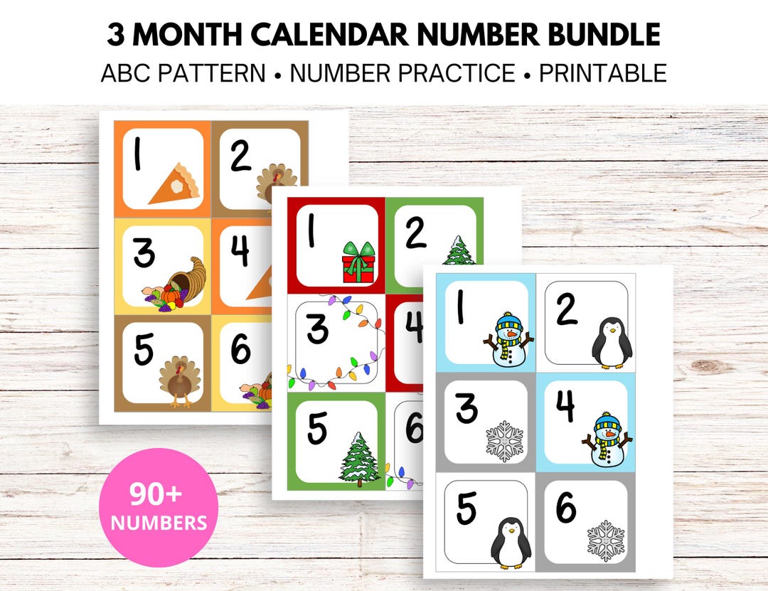 3 Month Printable Calendar Numbers BUNDLE in ABC Pattern (november ...