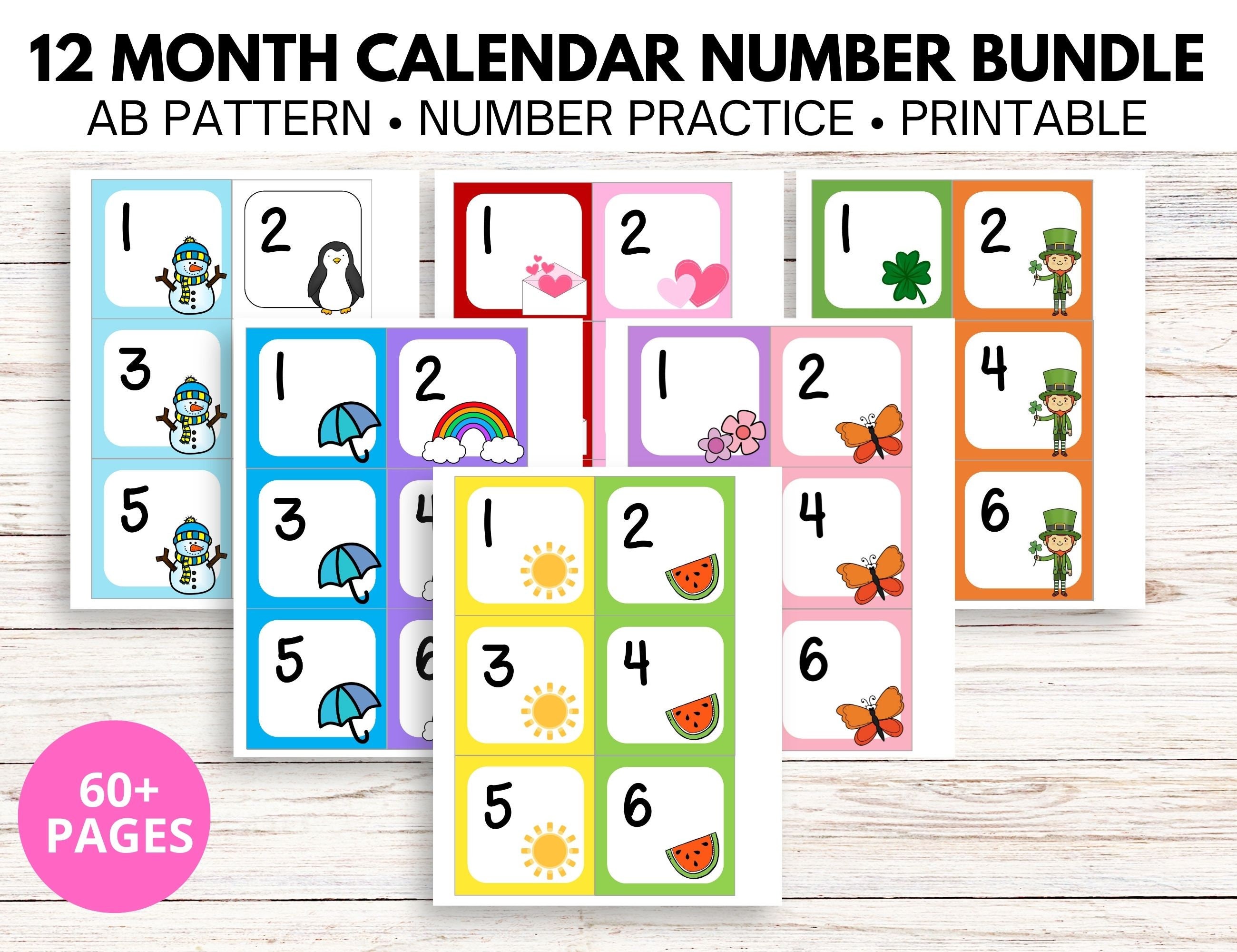 12 Month Calendar Numbers BUNDLE Printable AB Pattern - Etsy