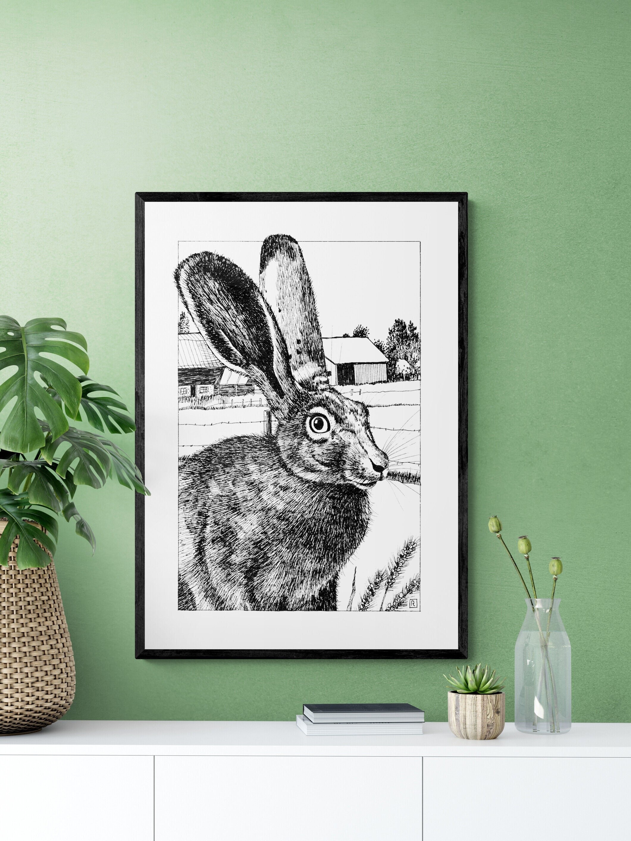 Rabbit Illustration · Bunny Art Print · Jackrabbit Art · Farmhouse ...