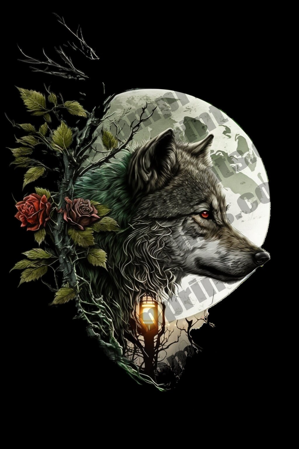 Roses and Wolf PNG Sublimation Design Download, Portrait PNG ...