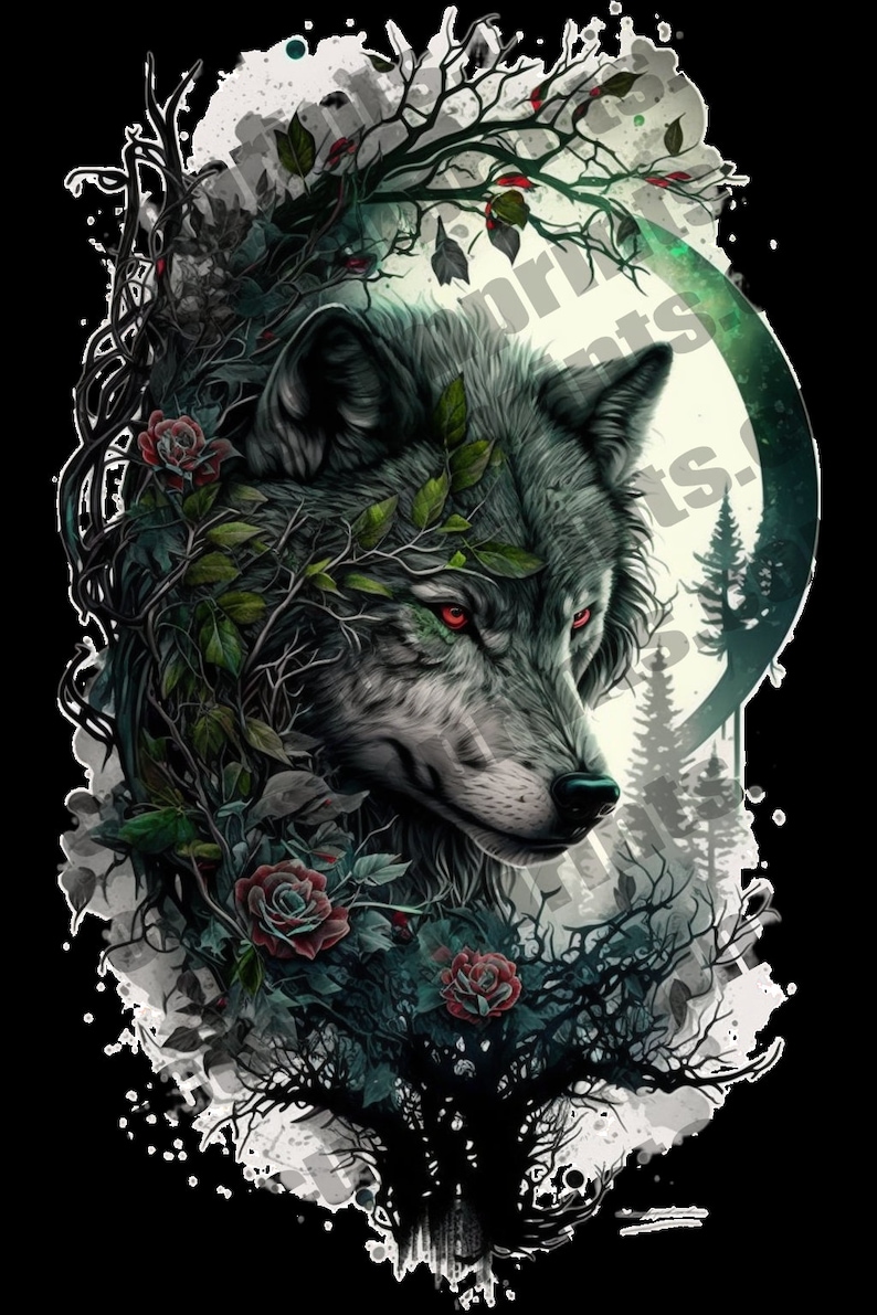Roses and Wolf PNG Sublimation Design Download, Portrait PNG ...