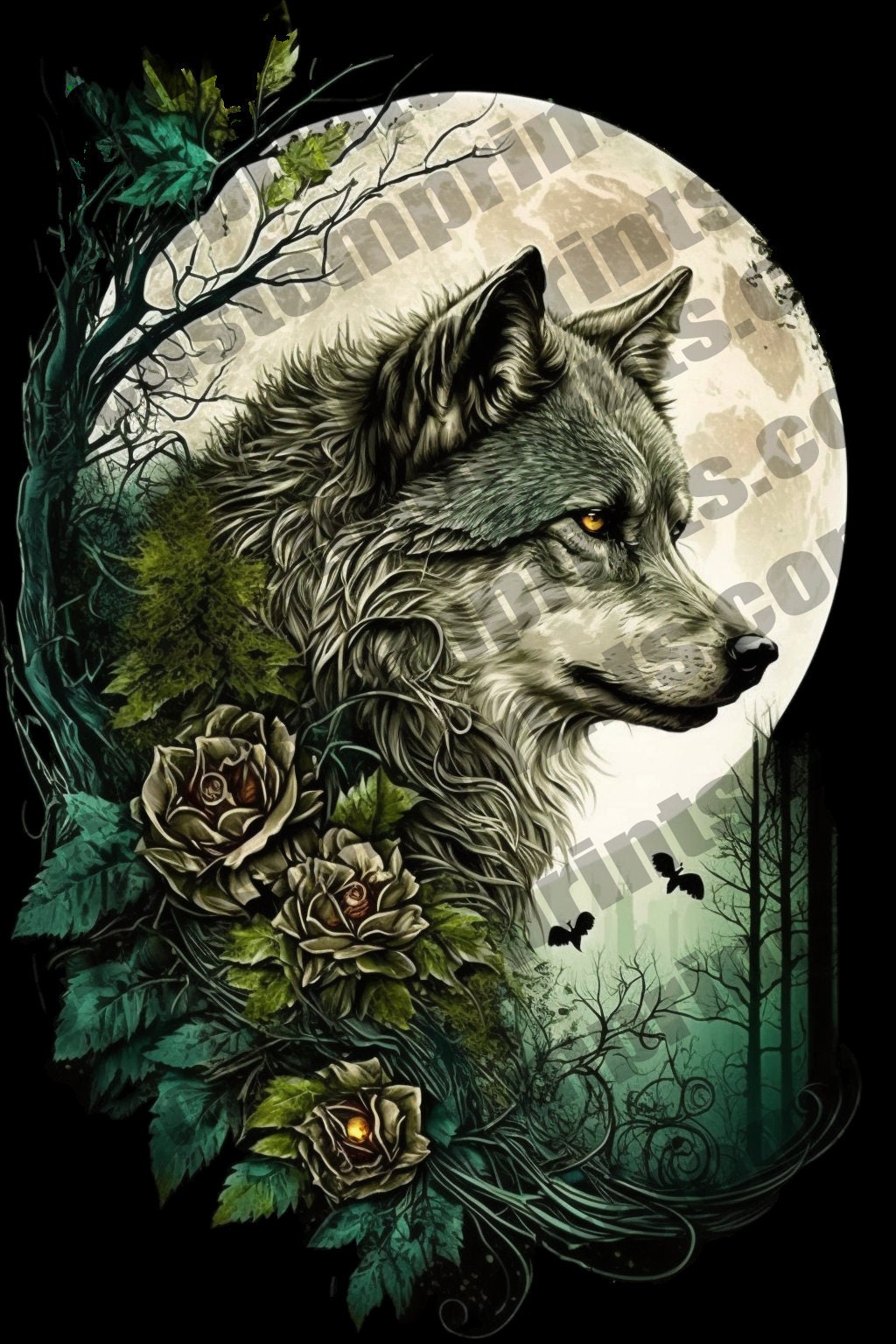 Roses and Wolf PNG Sublimation Design Download, Portrait PNG ...