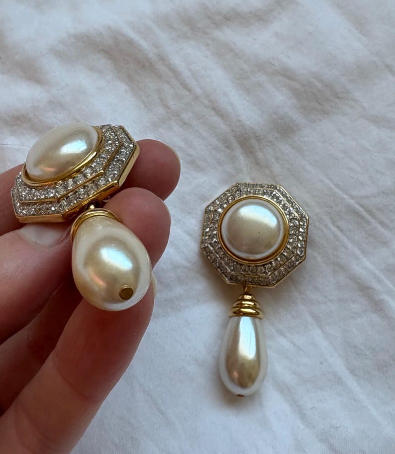 St John (signed) Vintage 1980s Faux Pearl Rhinestone Gold Tone Drop ...