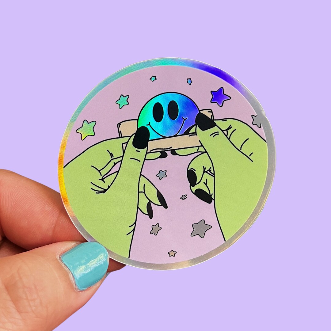Happy Rolling Sticker, Alien Stickers, Holographic Sticker, Smiley Face ...