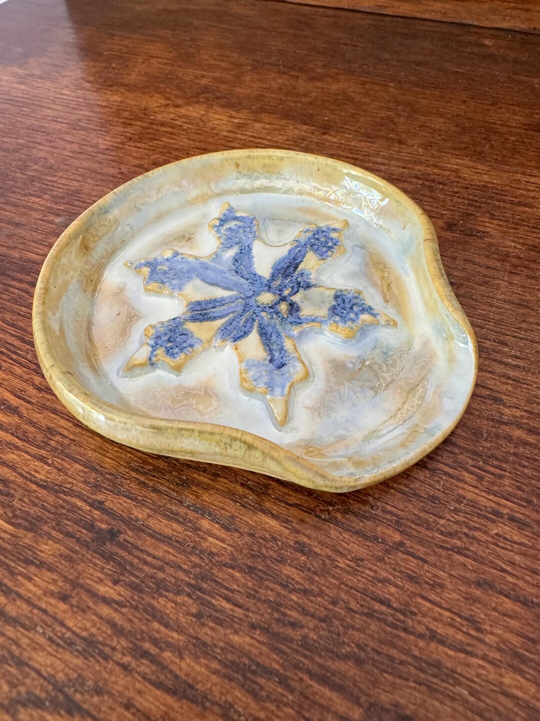 Snowflake Spoon Rest: Handmade, Hand Glazed Blue, Green/yellow ...