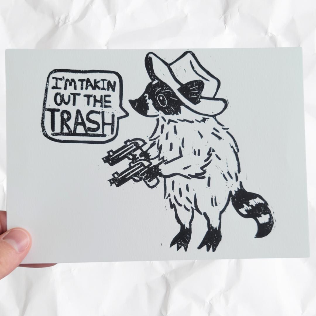 Trash Raccoon Linocut Print 5x7", Trash Panda, Raccoon Art Print ...
