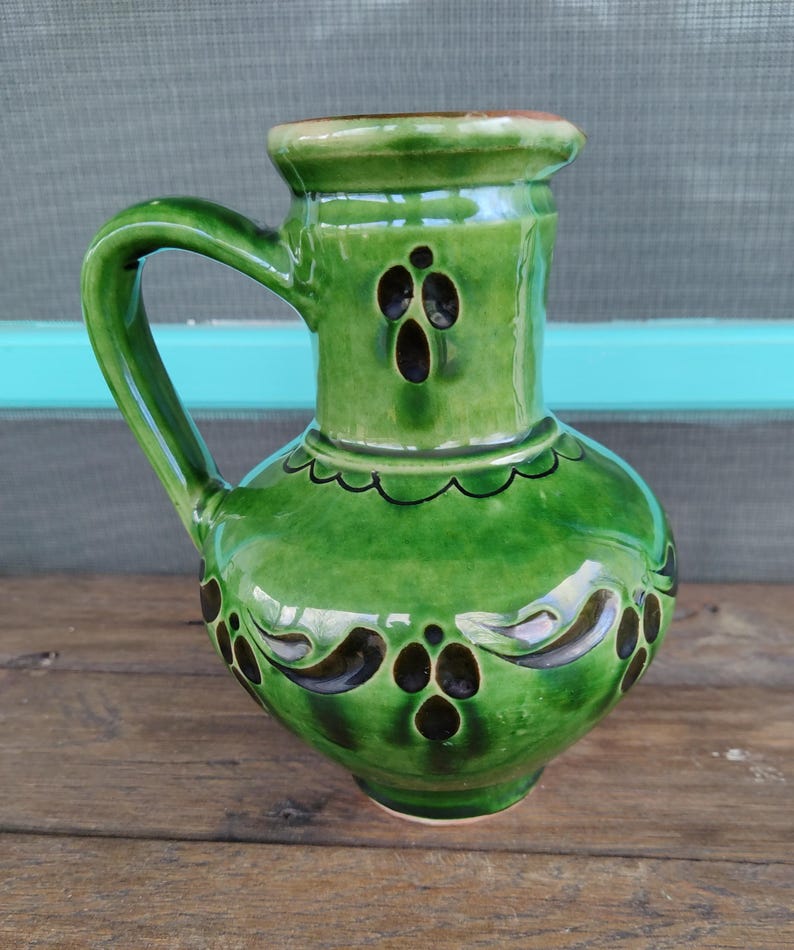 An Kossinger Pottery Green Glazed Folk Art Pitcher With a Set of 6 ...