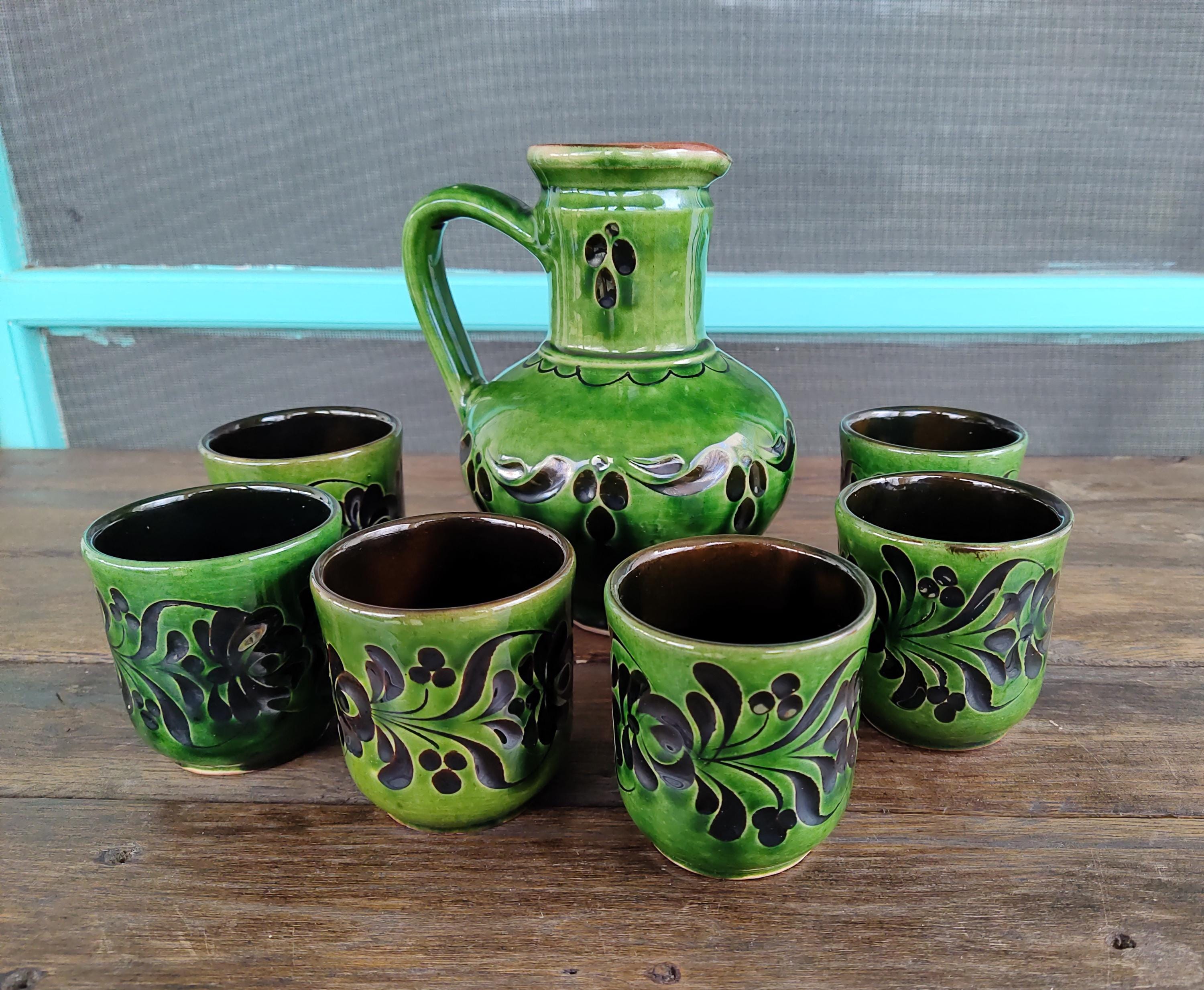 An Kossinger Pottery Green Glazed Folk Art Pitcher With a Set of 6 ...