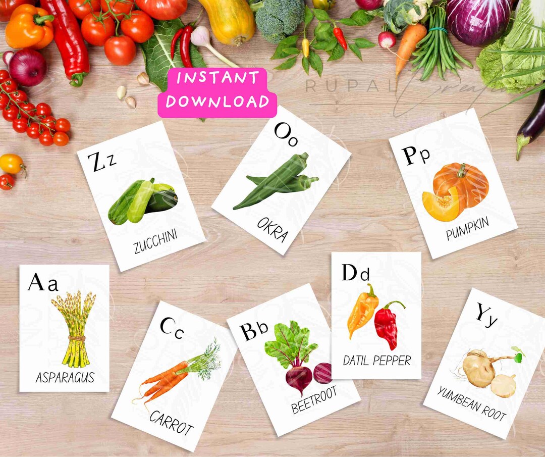Printable Alphabet Cards, Vegetable Name, Montessori Cards, Veggie ...