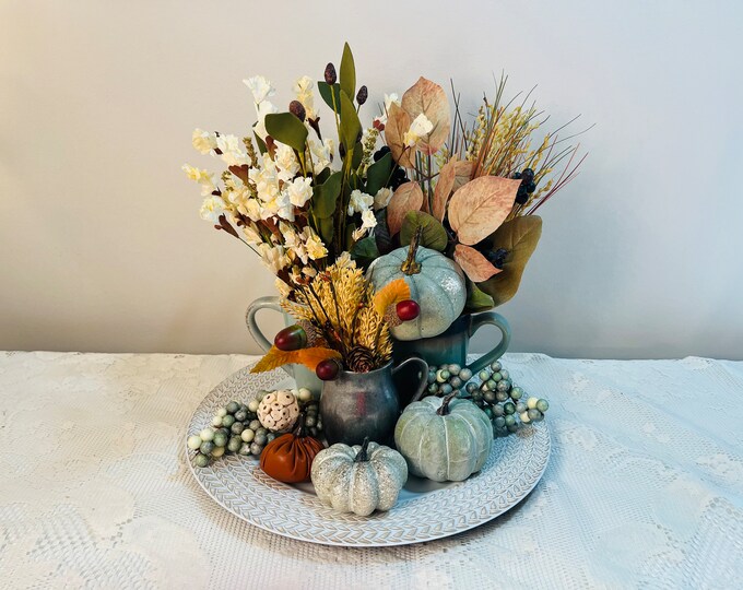 Aqua Fall Centerpiece, Aqua Autumn Centerpiece, Fall Arrangement ...