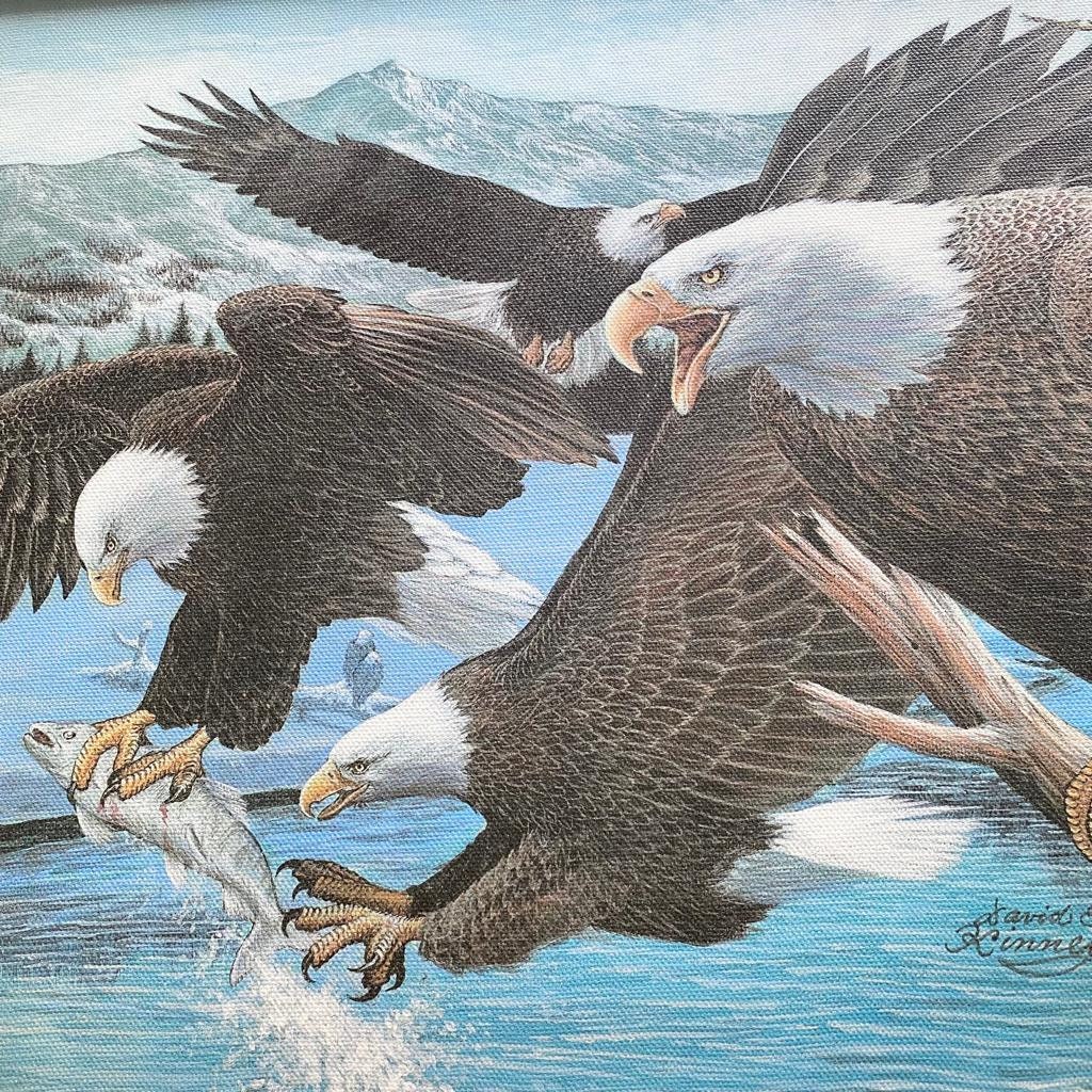 Vintage Signed David E Kinney Eagle Catch Fish Painting on Canvas-wood ...