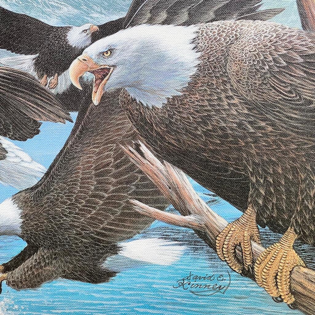 Vintage Signed David E Kinney Eagle Catch Fish Painting on Canvas-wood ...