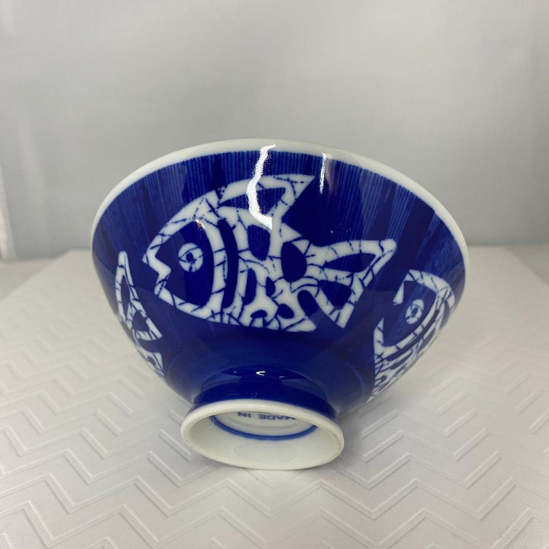 Japanese Cobalt Blue Ceramic Rice Bowl Fish Design - Etsy