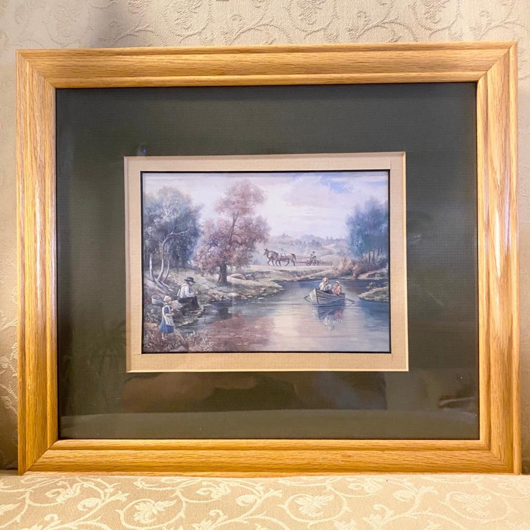 Art Print of Amish People Fishing and Boating-matted Wood Frame Behind ...