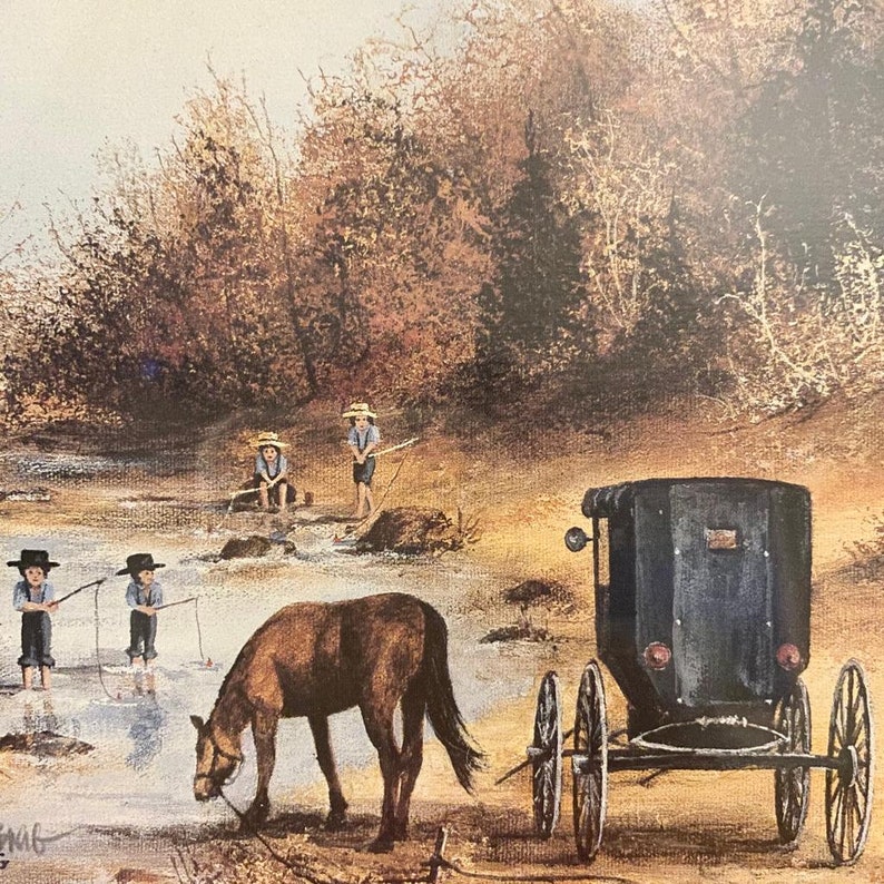 Vintage 1992 Art Print of Amish Children Fishing and Buggy by Al Koenig ...