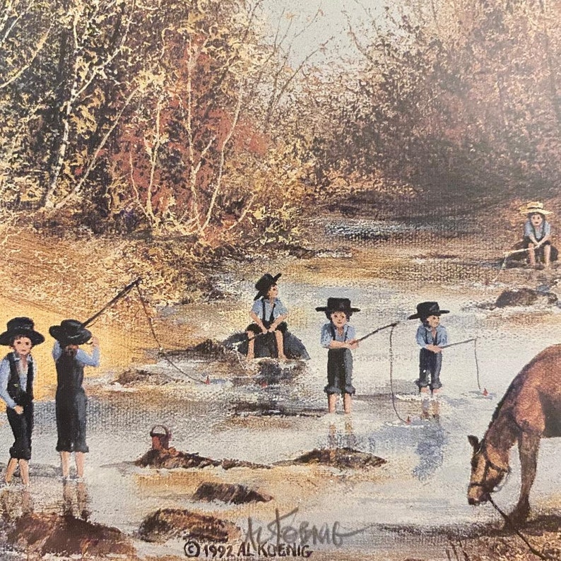 Vintage 1992 Art Print of Amish Children Fishing and Buggy by Al Koenig ...
