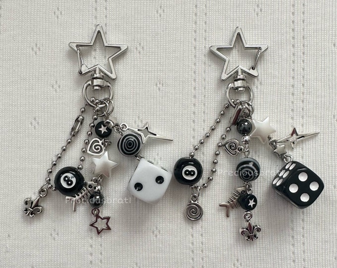Handmade Cluttered Rockstar Gf Edgy Black Black & White Dice Keychains ...