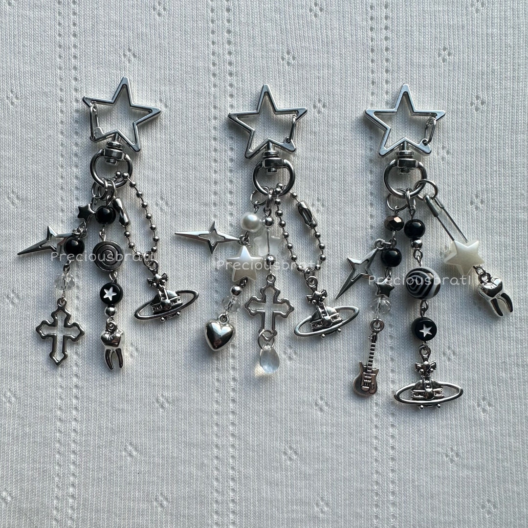 Handmade Cluttered Rockstar Gf Edgy Black and White Star Girl Keychains ...