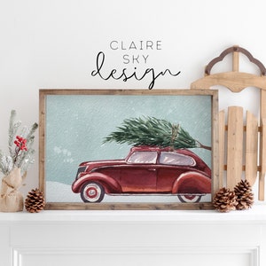 Truck With Christmas Tree Print | Red Vintage Car With Christmas Tree ...
