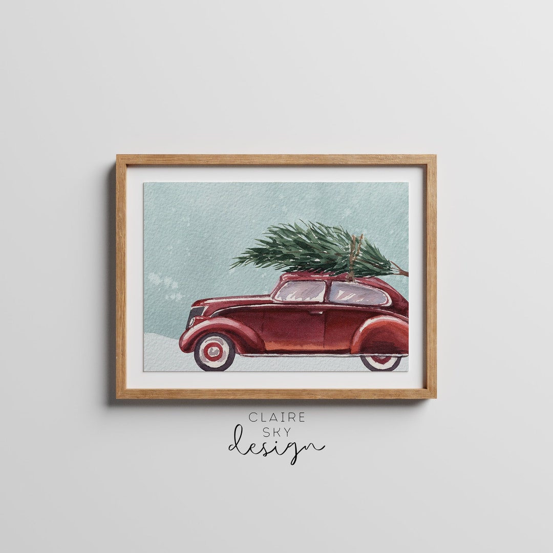 Truck With Christmas Tree Print | Red Vintage Car With Christmas Tree ...