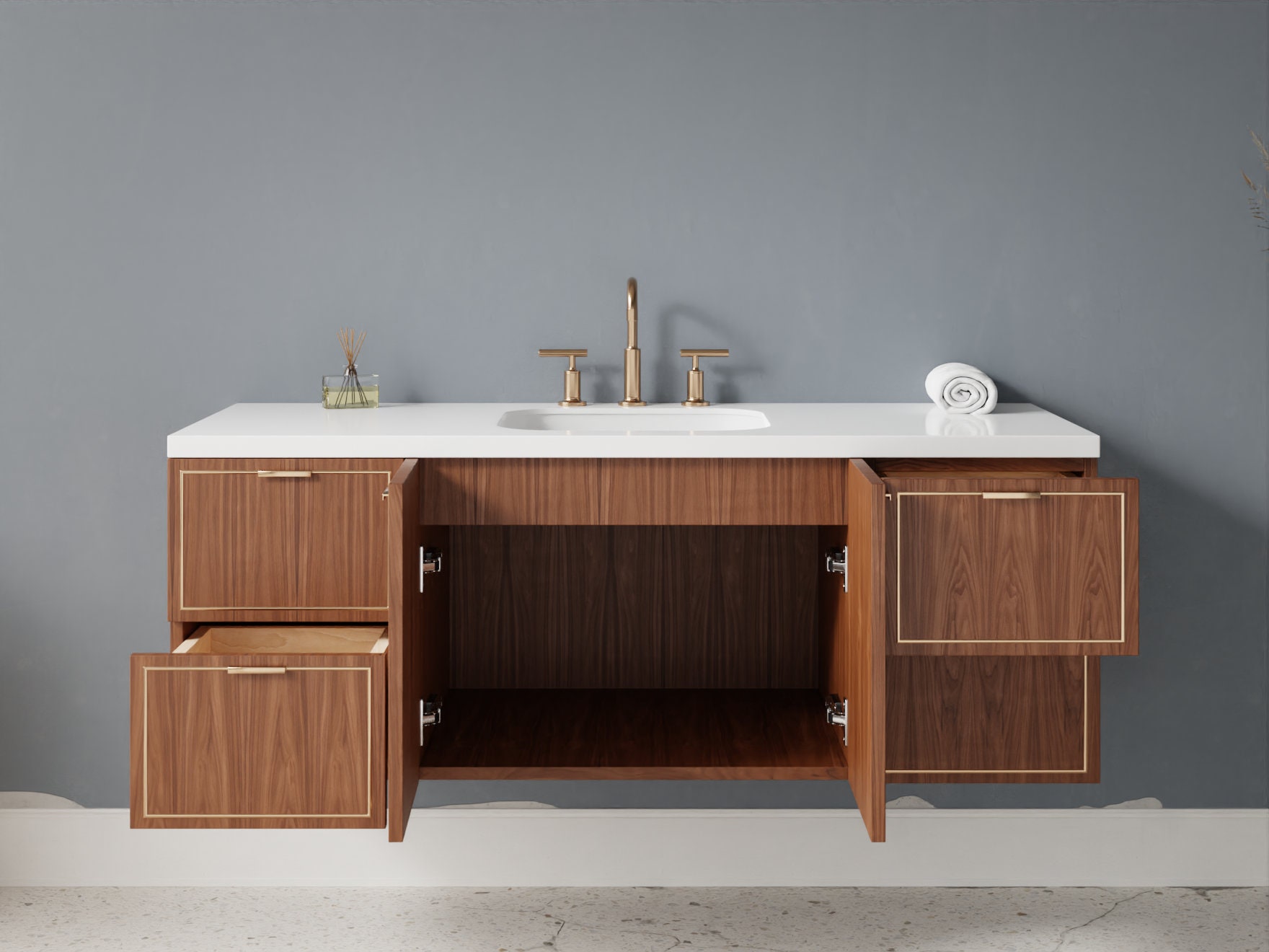 Natural Wood Veneer Bathroom Vanity With Brass Inlay Floating Free ...