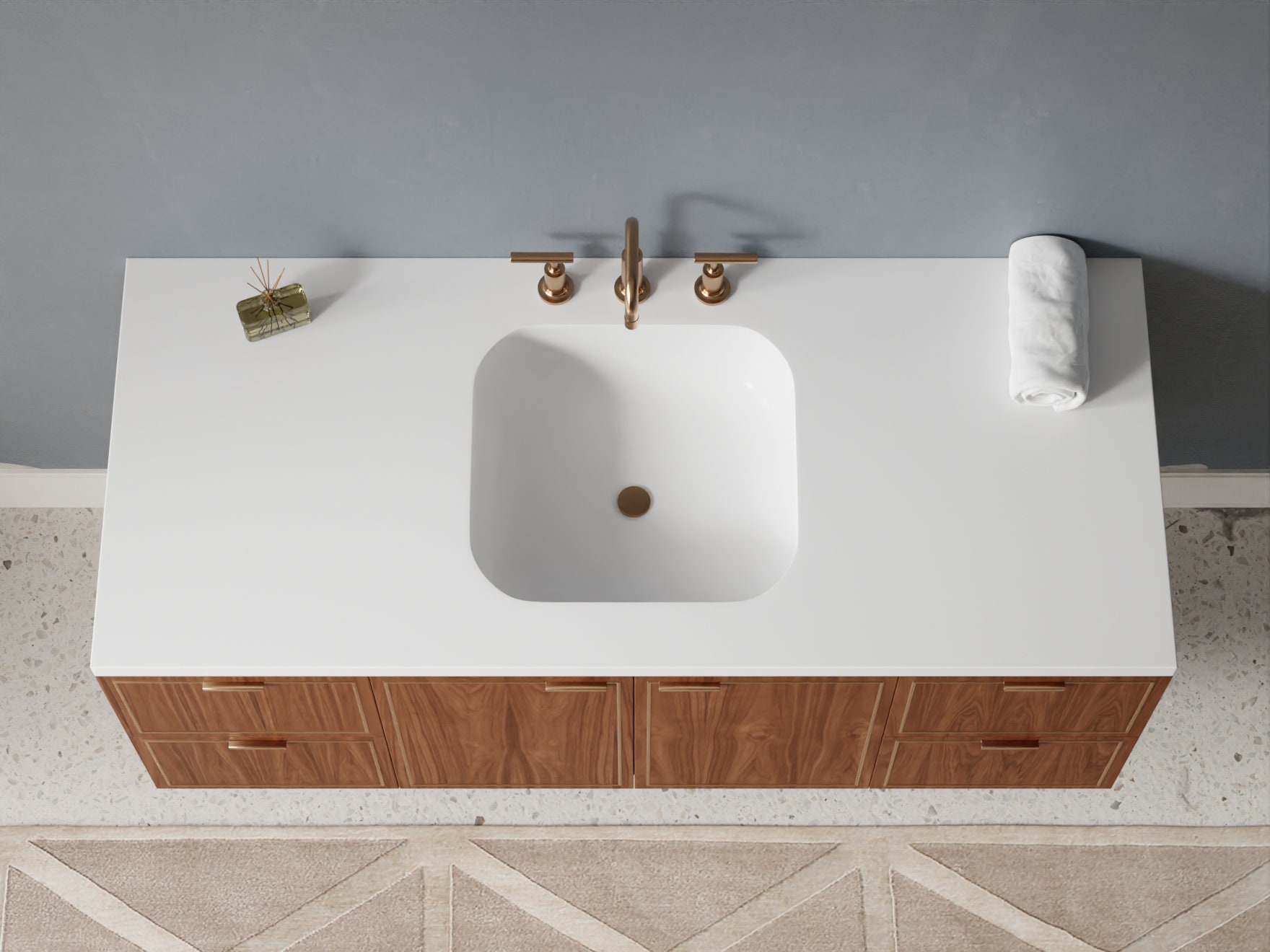 Natural Wood Veneer Bathroom Vanity With Brass Inlay Floating Free ...