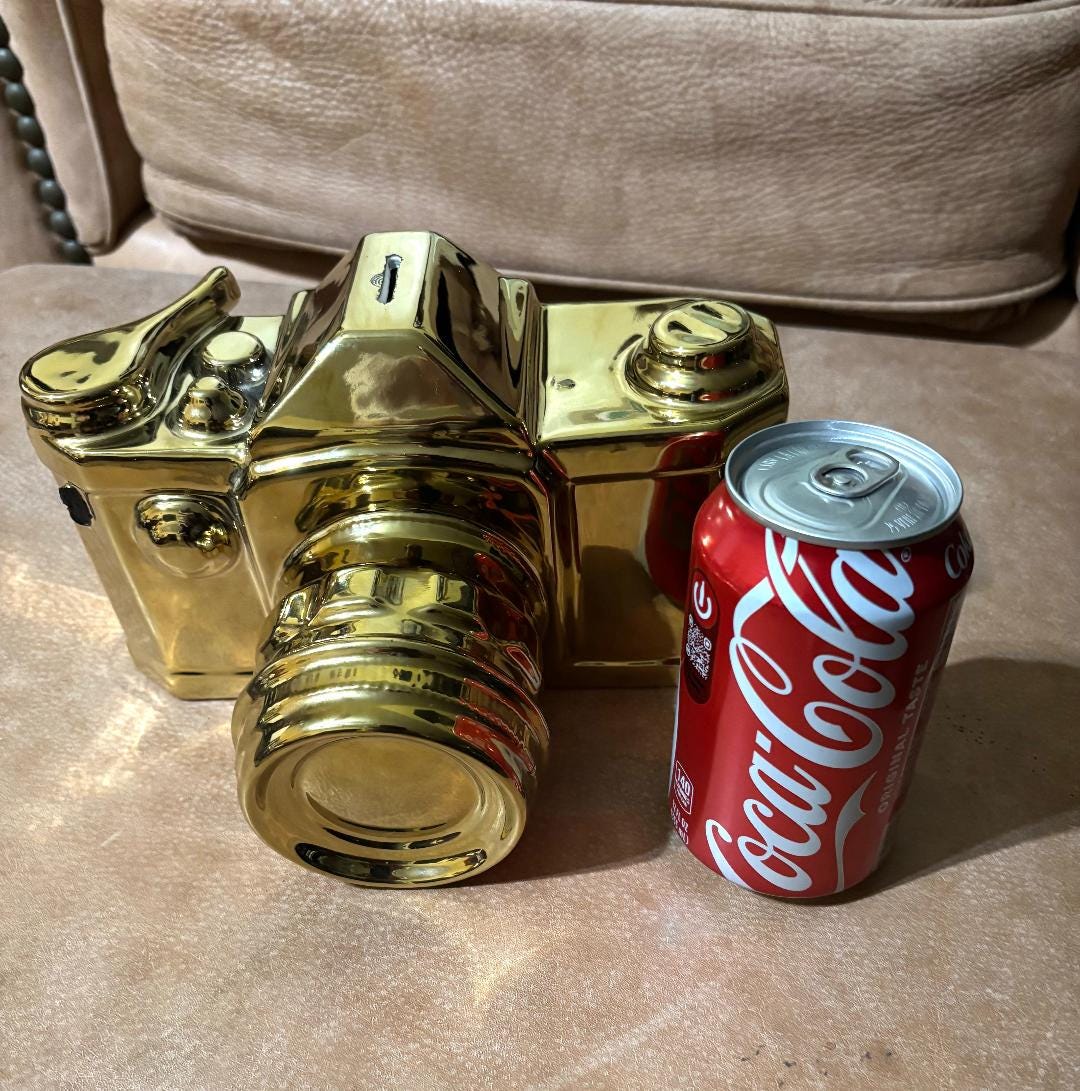 LARGE Gold Pottery Camera Coin Bank in VG Condition! GREAT Conversation ...