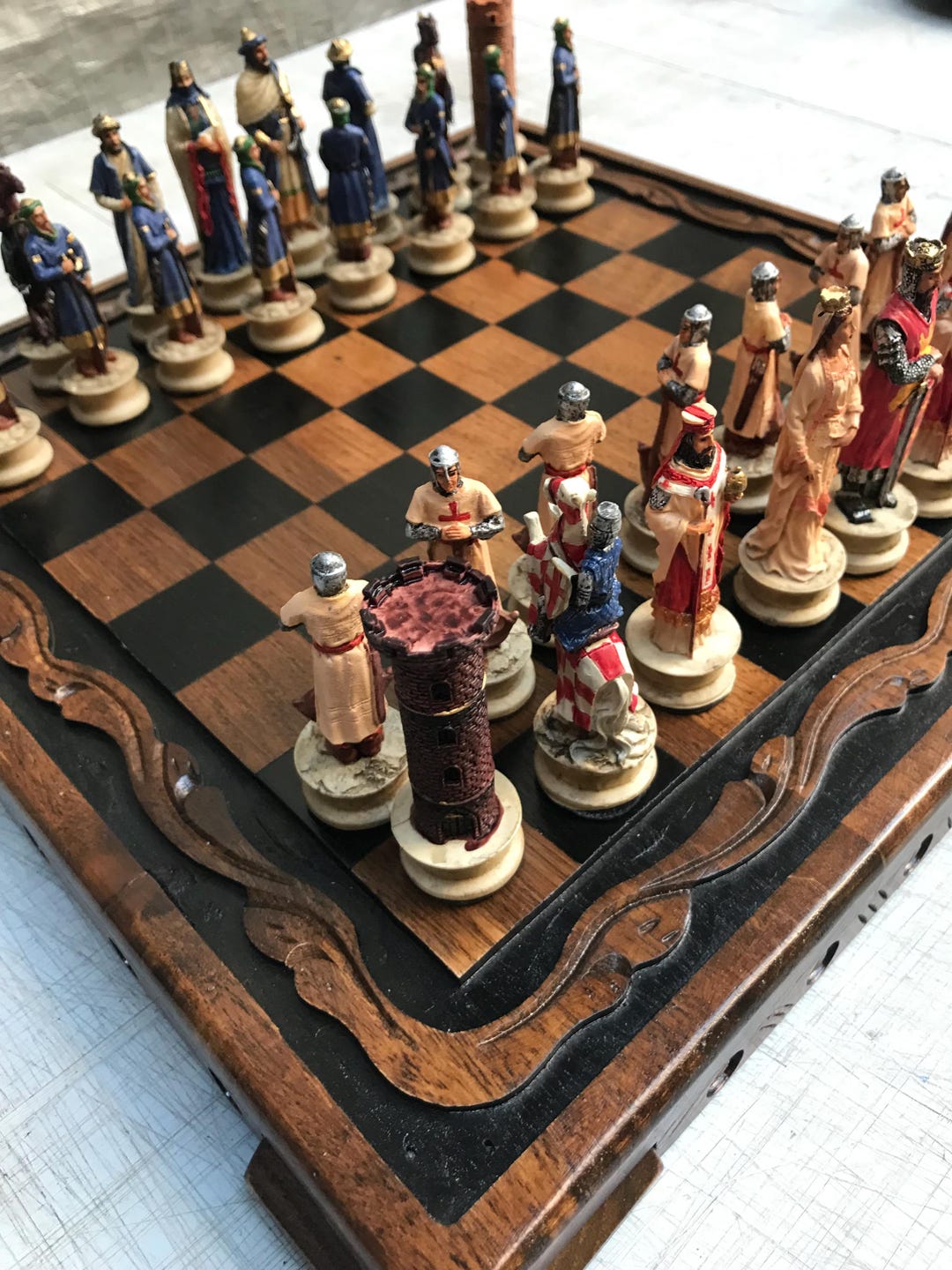 Elegant Crusaders Chess Set, Handcrafted Solid Walnut Vintage Chess ...