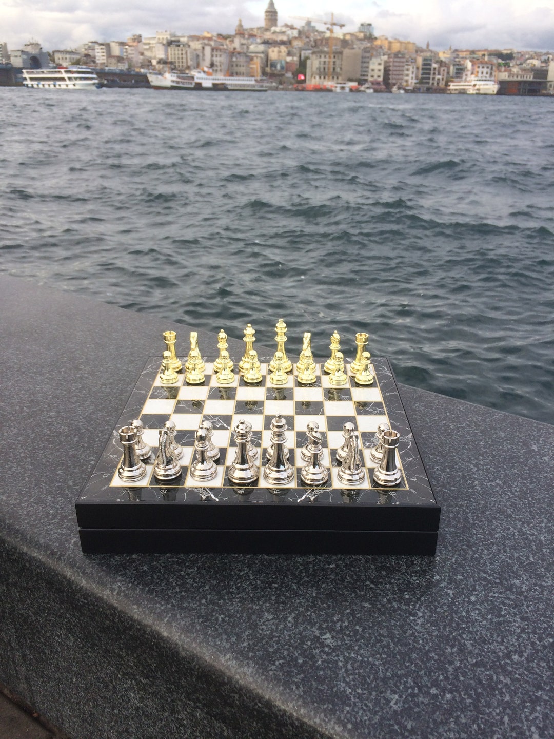 Wooden Chess Set With Marble Look Board, Zamak Pieces (36x36 Cm) - Etsy