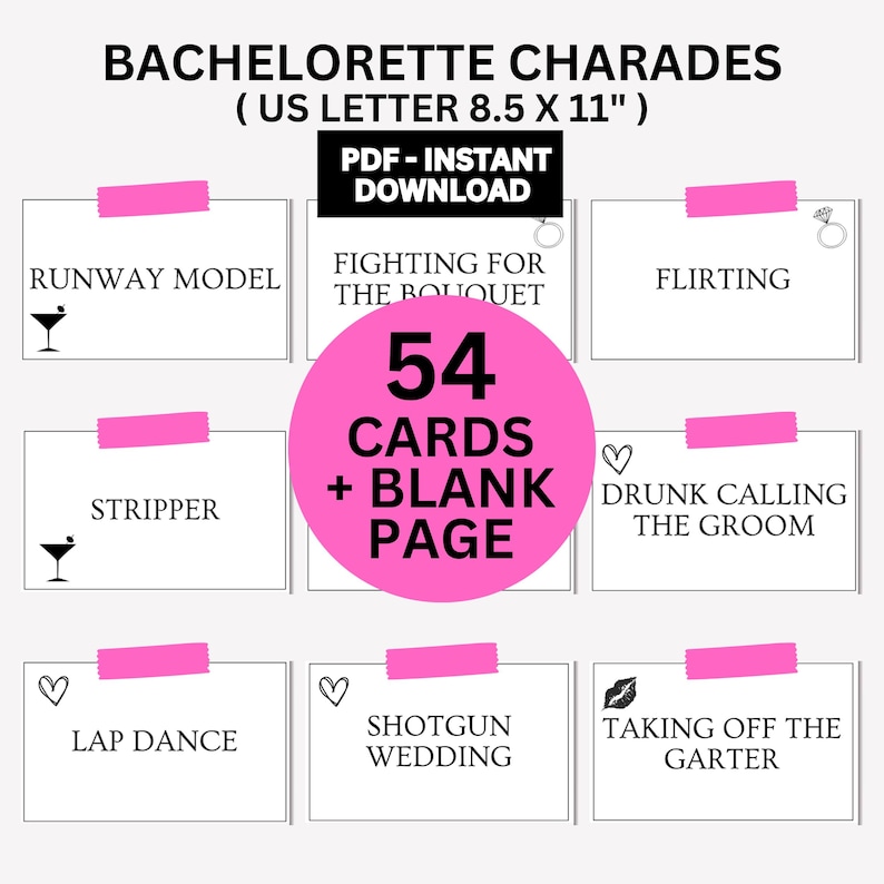 Bachelorette Charades Game Cards | Bachelorette Party Charades ...