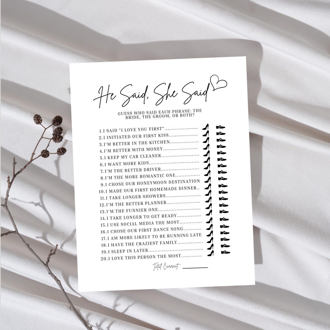 He Said She Said Bridal Shower Game, He Said She Said Bride and Groom ...