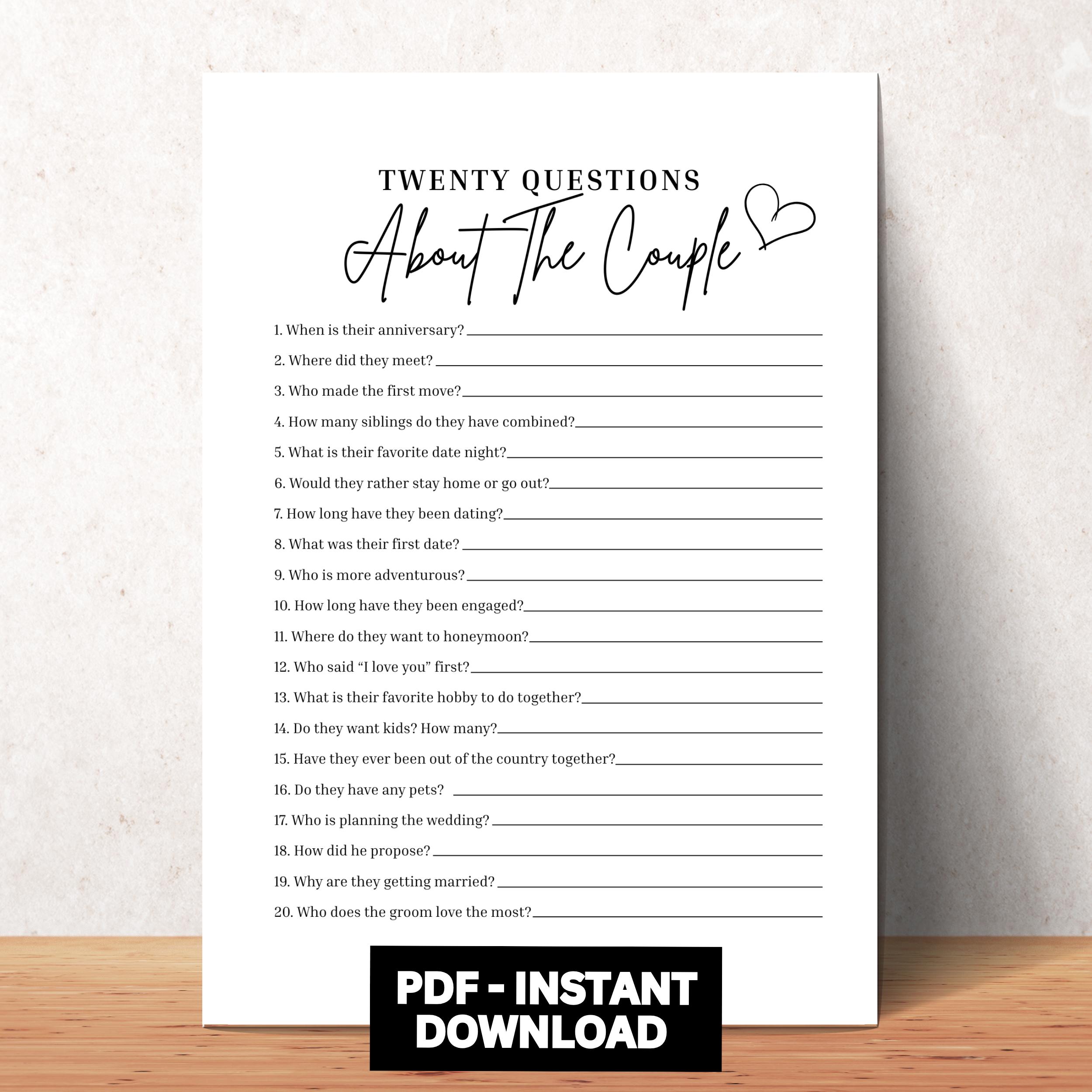 20 Questions About the Couple Game Printable, Couples Shower Games, How ...