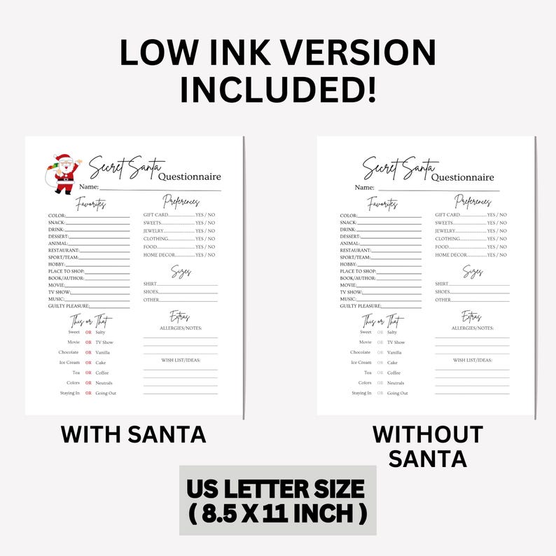 Secret Santa Questionnaire | Gift Exchange Questions Printable | Secret ...