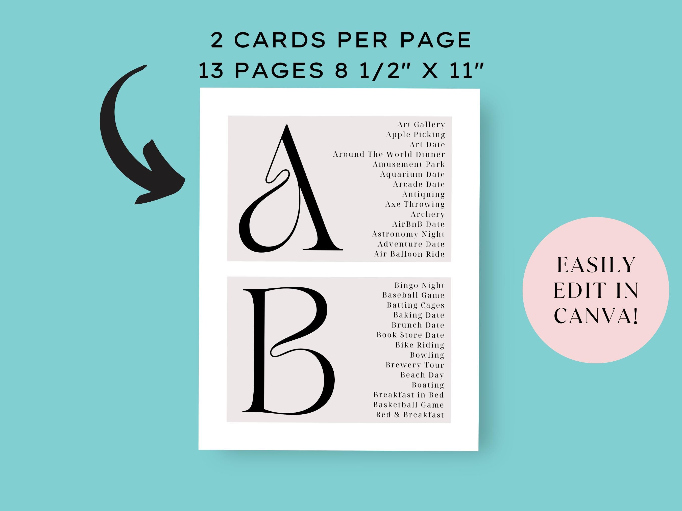 A-Z Alphabet Date Night Idea Printable Cards - A-Z Date Idea Cards ...