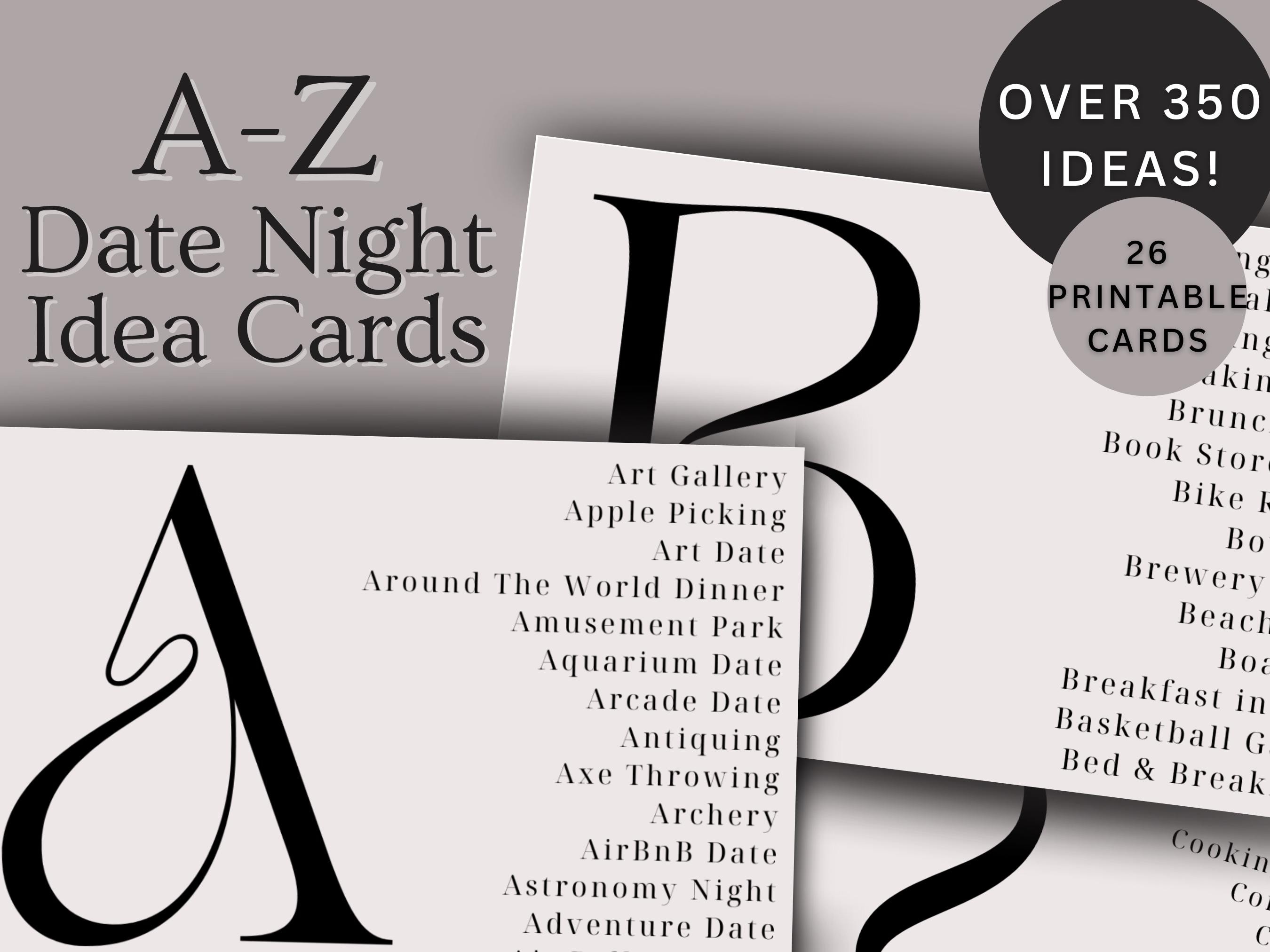 A-Z Alphabet Date Night Idea Printable Cards - A-Z Date Idea Cards ...