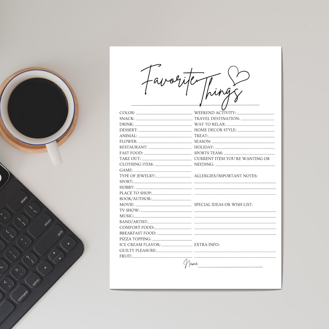Favorite Things List Questionnaire | Favorites List Printable ...