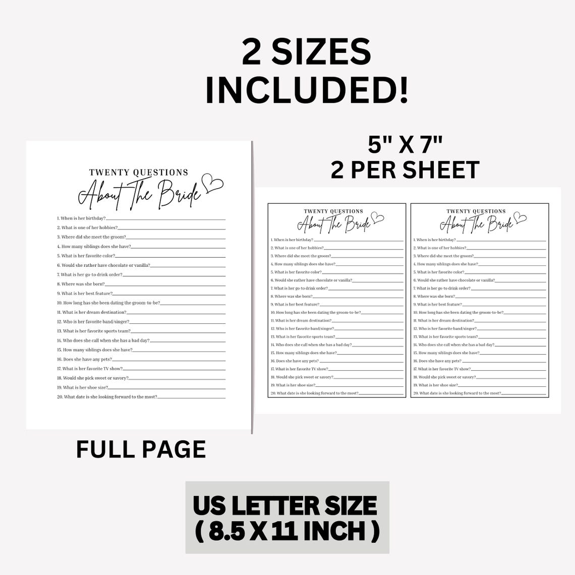 20 Questions Bridal Shower Game, Twenty Questions About the Bride ...