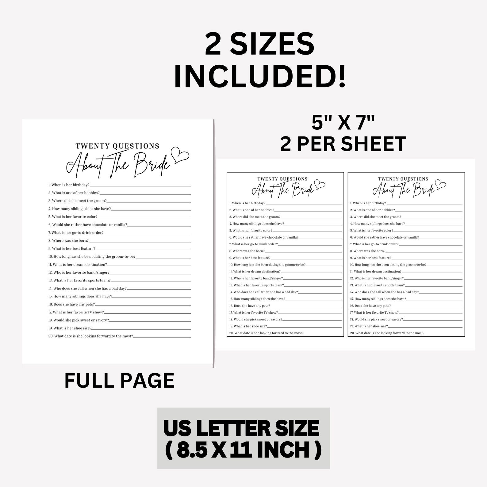 20 Questions Bridal Shower Game, Twenty Questions About the Bride ...