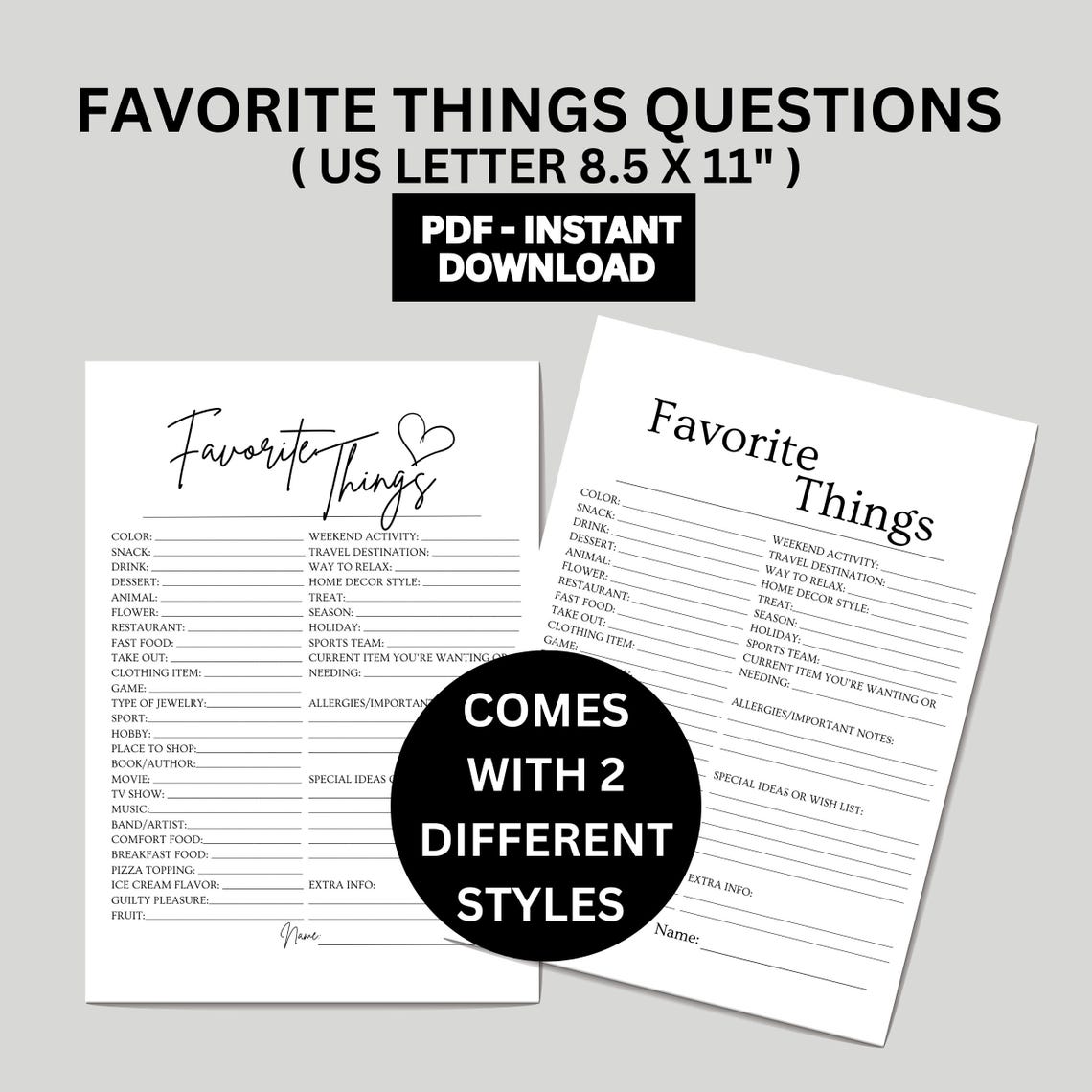 Favorite Things List Questionnaire | Favorites List Printable ...