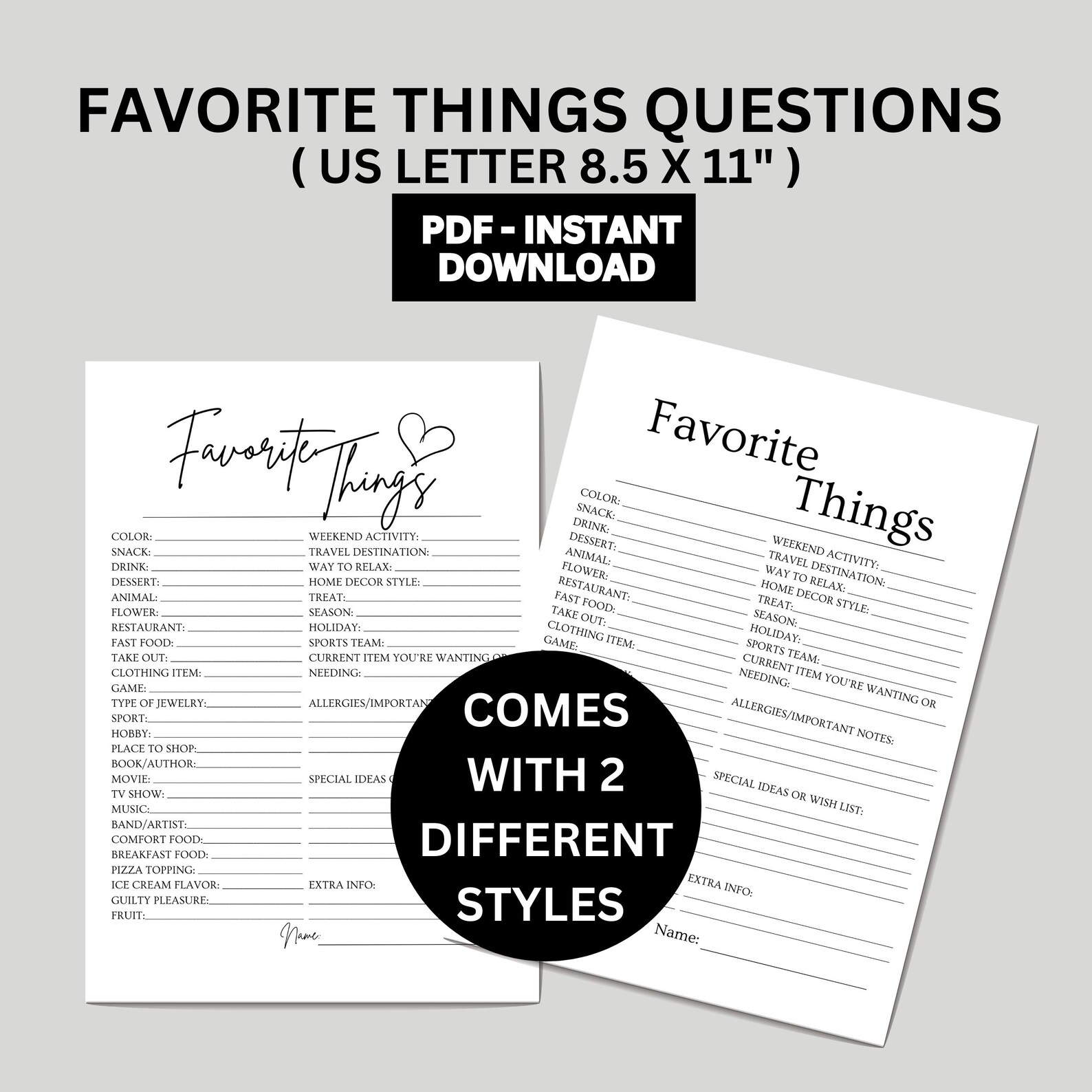 Favorite Things List Questionnaire | Favorites List Printable ...