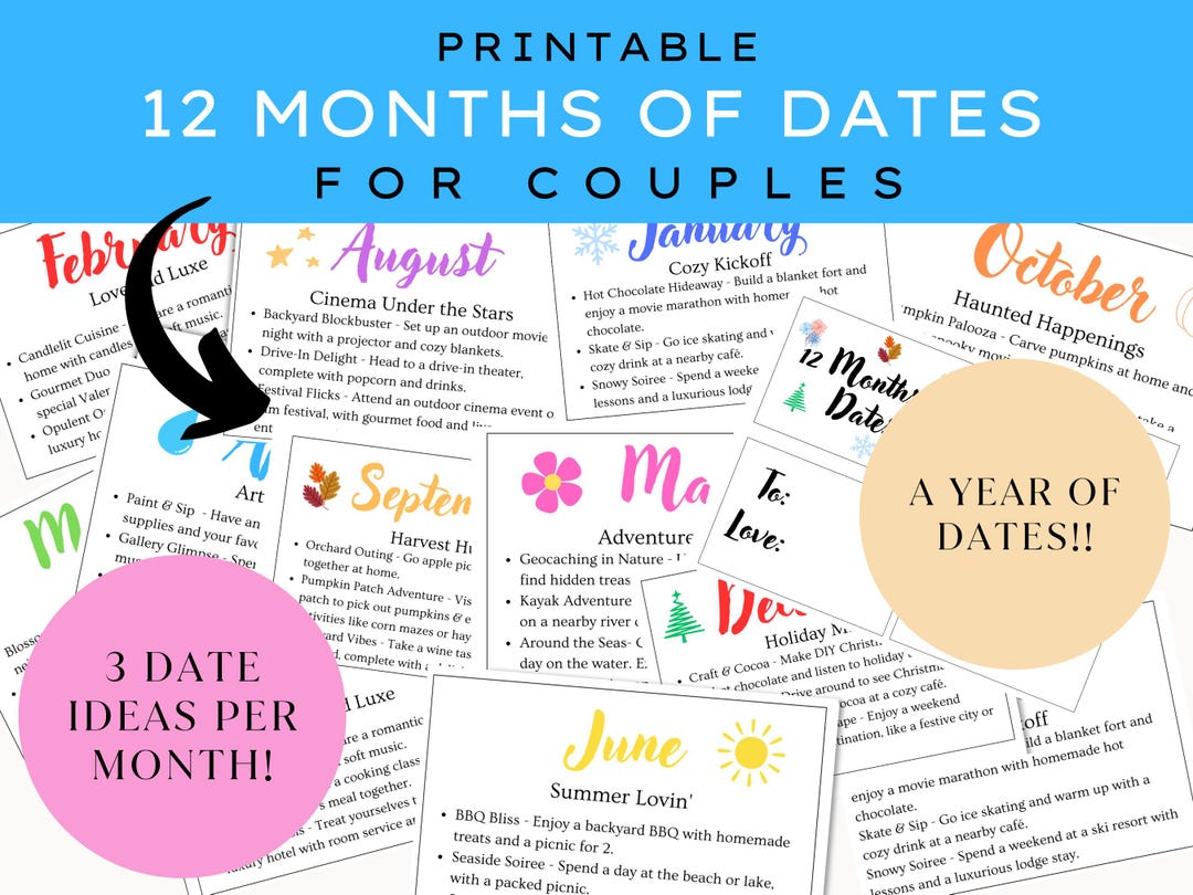 12 Months of Dates Printable Cards - A Year Full of Dates Gift for ...