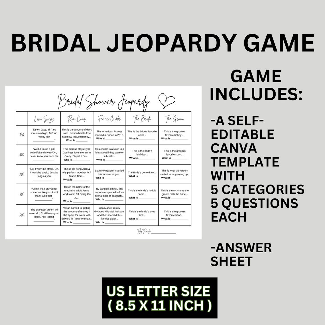 Bridal Jeopardy Editable Template Printable Game, Bridal Shower ...