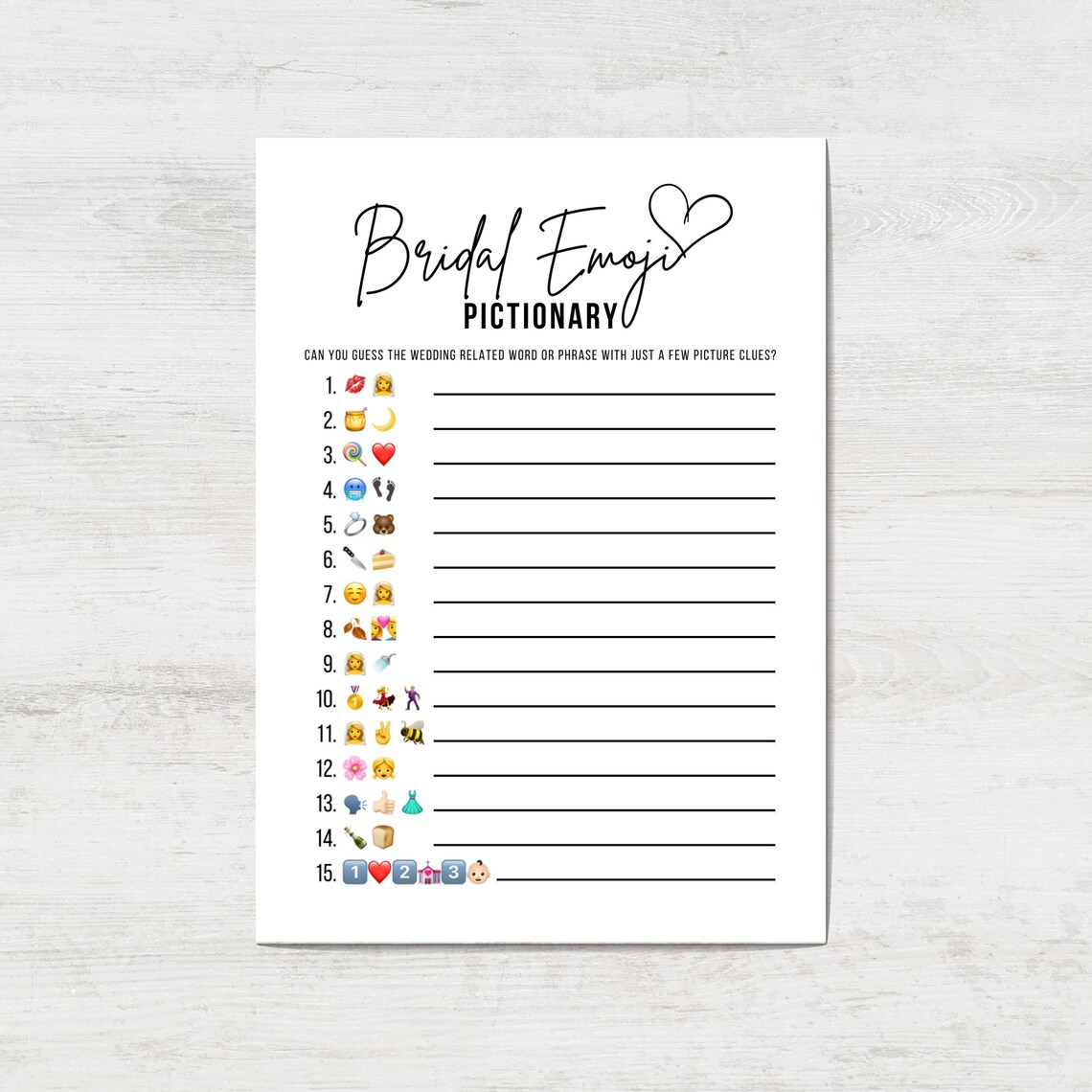 Bridal Emoji Game & Answers | Bridal Shower Emoji Pictionary Printable ...