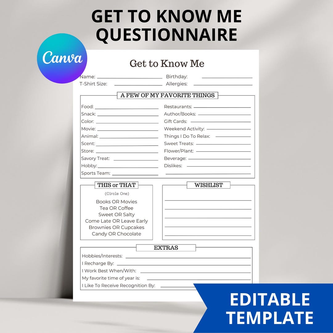 Editable Get to Know You Questionnaire, About Me for Work, Co Worker ...