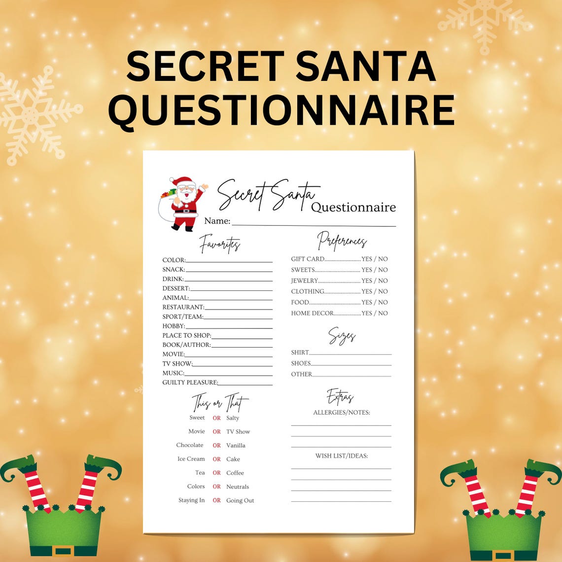 Secret Santa Questionnaire | Gift Exchange Questions Printable | Secret ...