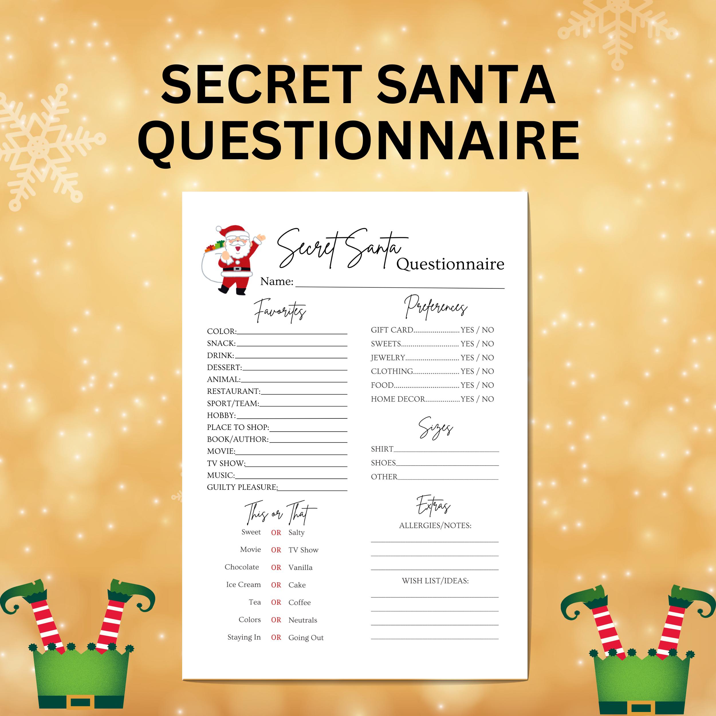 Secret Santa Questionnaire | Gift Exchange Questions Printable | Secret ...